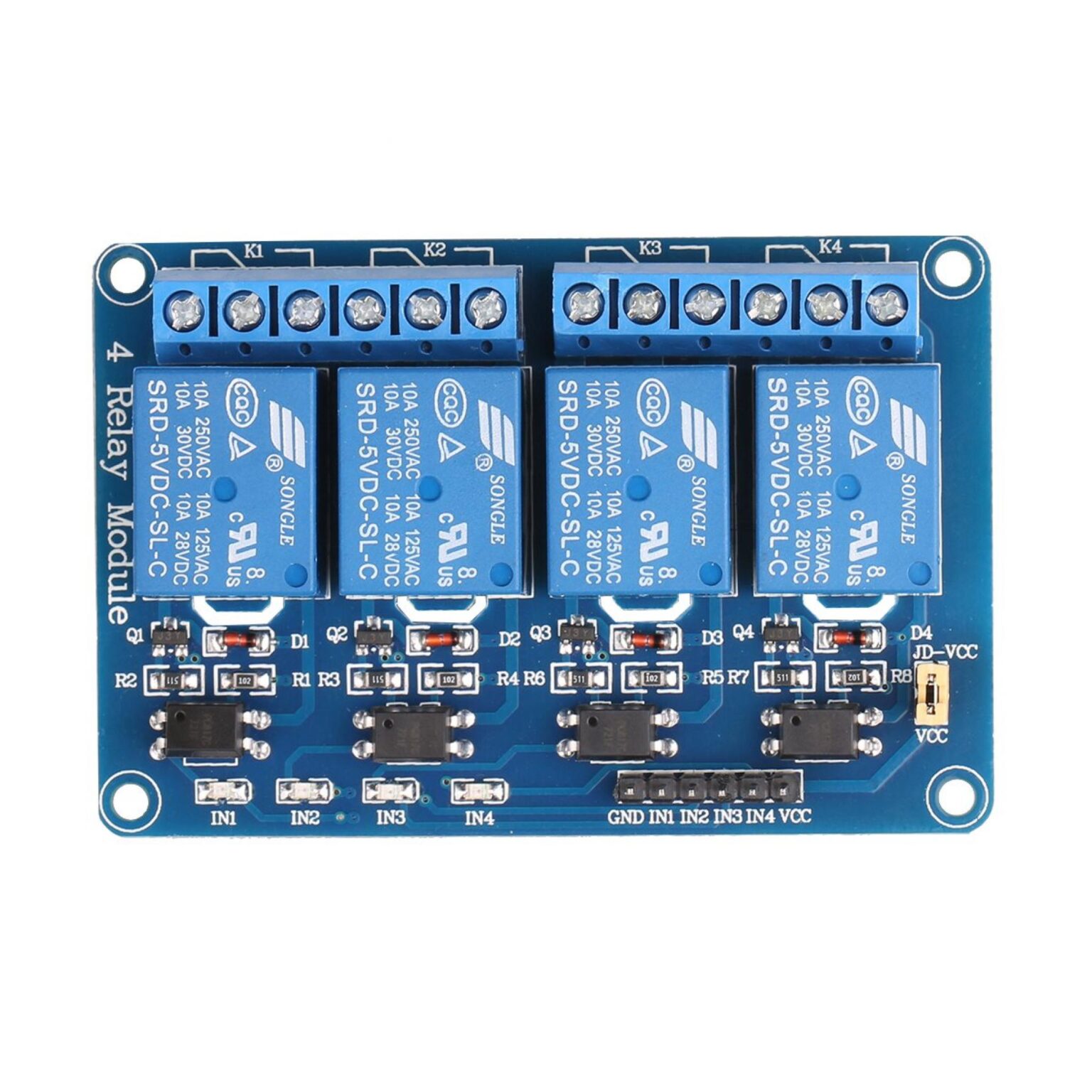 MODULO RELAY SWITCH ARDUINO COMPATIBLE 4 CANALES 5V 10A OPTOACOPLADO – ORIEL